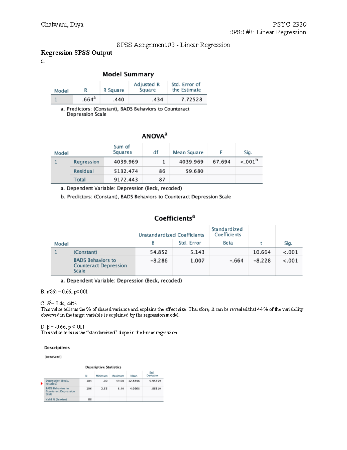 SPSS Assignment #3 - SPSS #3: Linear Regression SPSS Assignment #3 ...