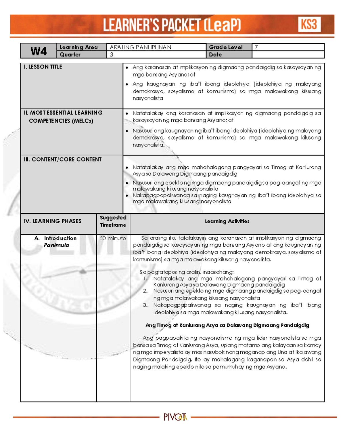Lea P AP G7 Week4 Q3 - Lesson plam - W Learning Area ARALING PANLIPUNAN ...