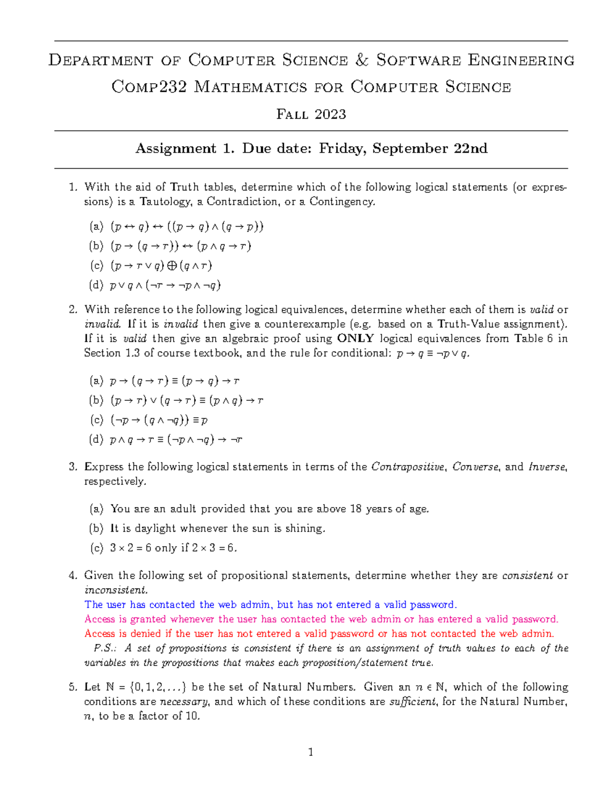 COMP-232-A1 Fall 2023 - Assignment 1 F2023 - Department of Computer Science & Software - Studocu
