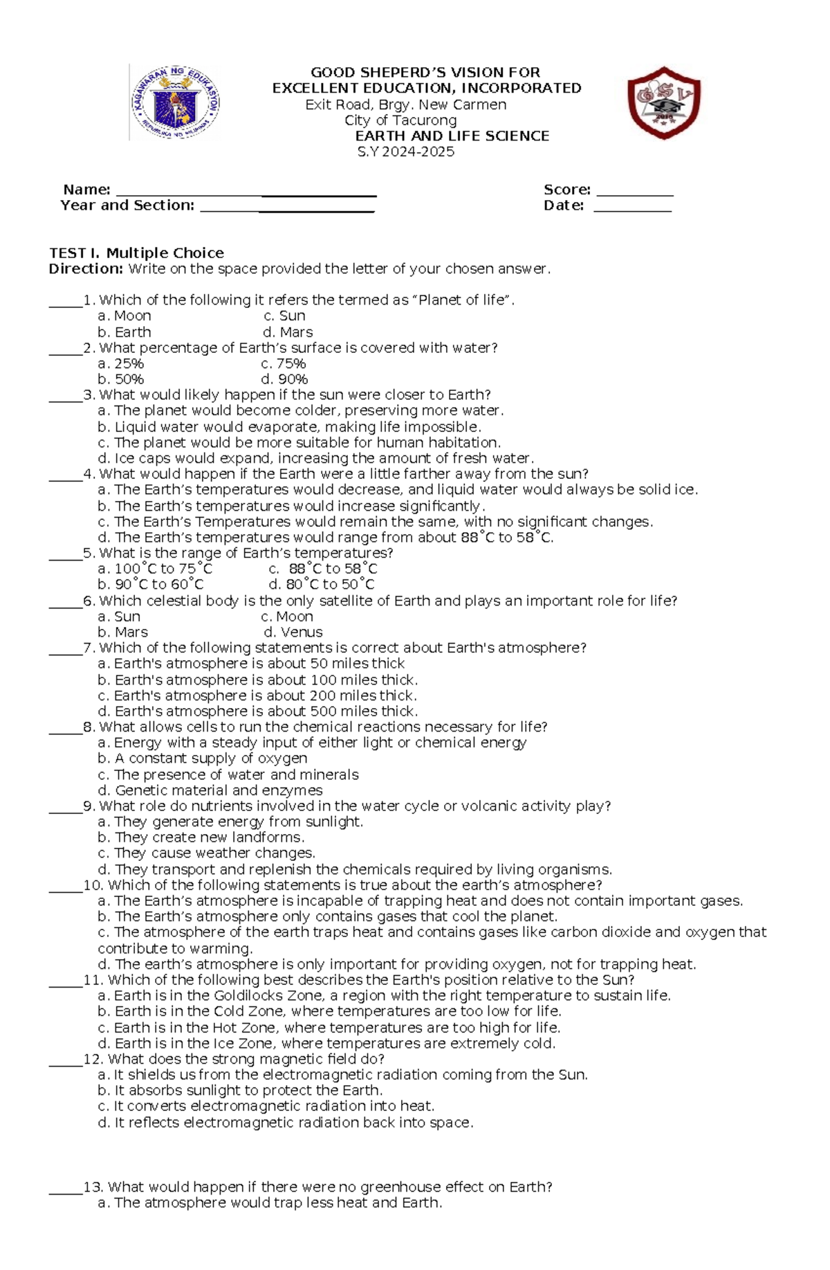 Mapeh 8 EXAM - Review Exam - GOOD SHEPERD’S VISION FOR EXCELLENT EDUCATION, INCORPORATED Exit ...