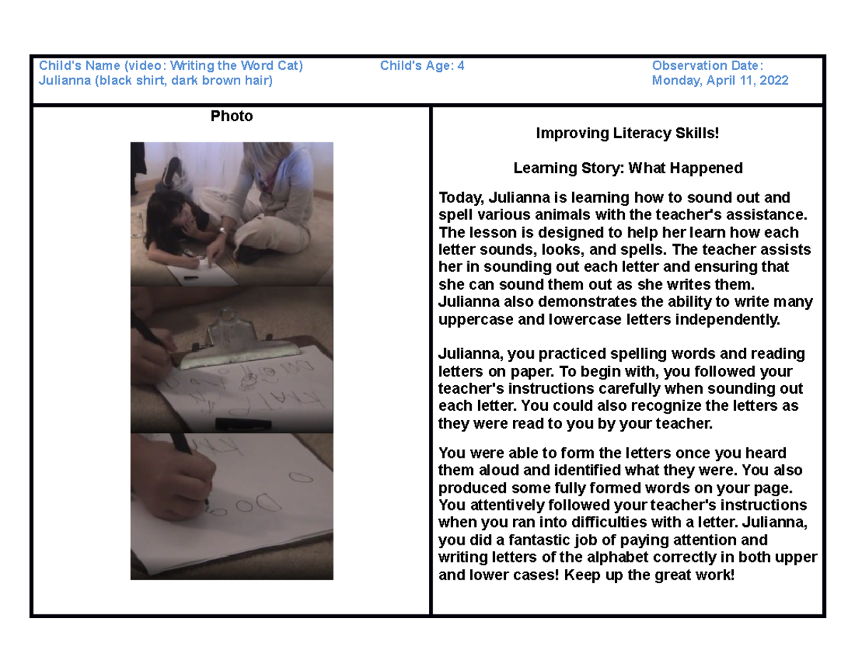 Corrected Learning Story ECE138 - Child's Name (video: Writing the Word Cat) Julianna (black ...