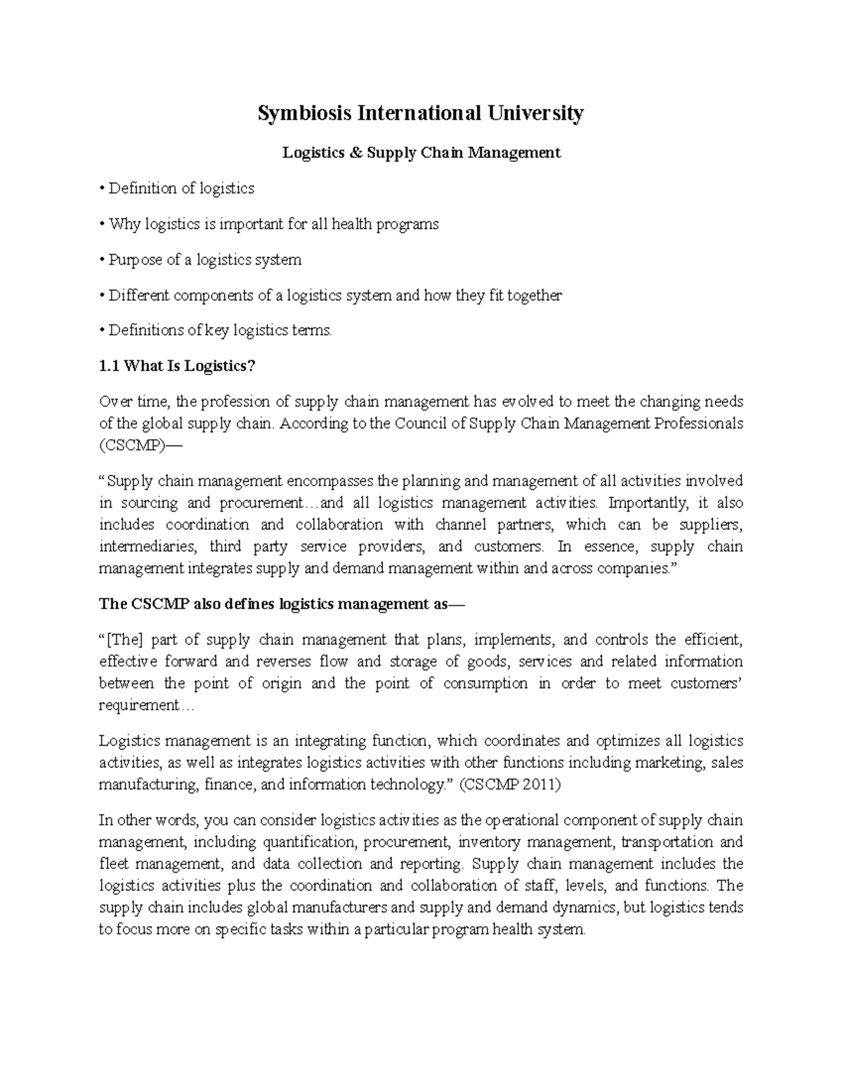 Logistics notes- MBA - Symbiosis International University Logistics ...