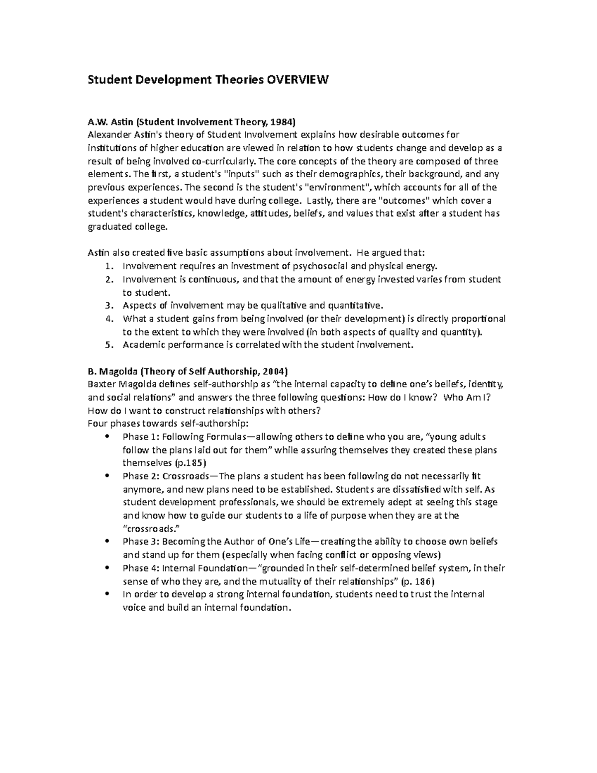 Campus Life-Student Dev Theories Overview - Student Development Theories OVERVIEW A. Astin ...