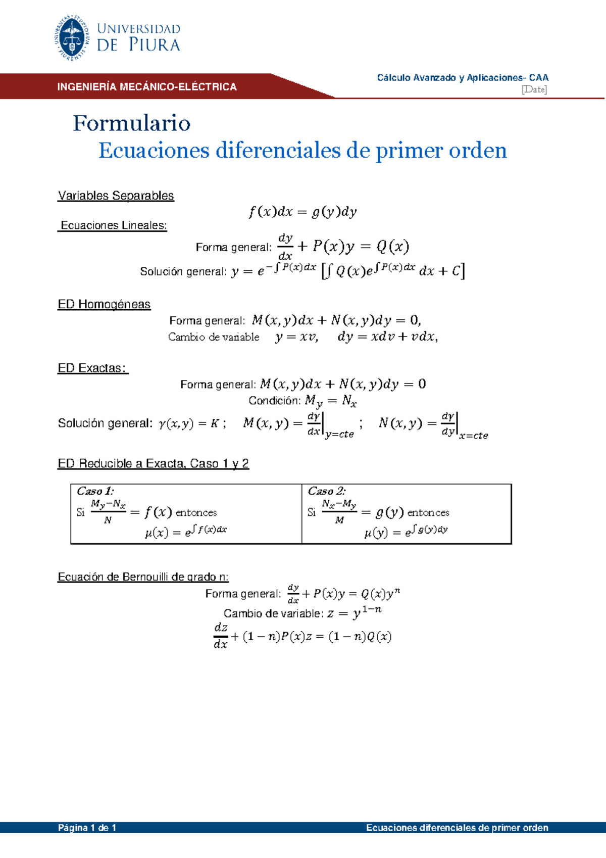 Formulario EDO primer orden - Cálculo Avanzado y Aplicaciones- CAA [Date] Página 1 de 1 ...