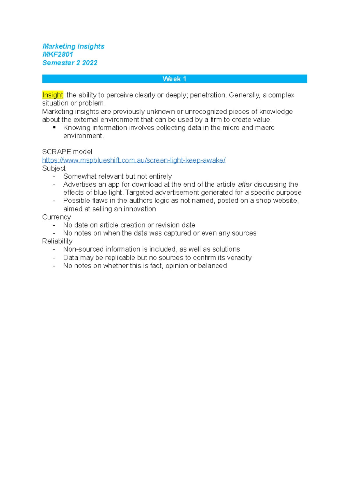 Marketing insights - Great stuff - Marketing Insights MKF Semester 2 ...