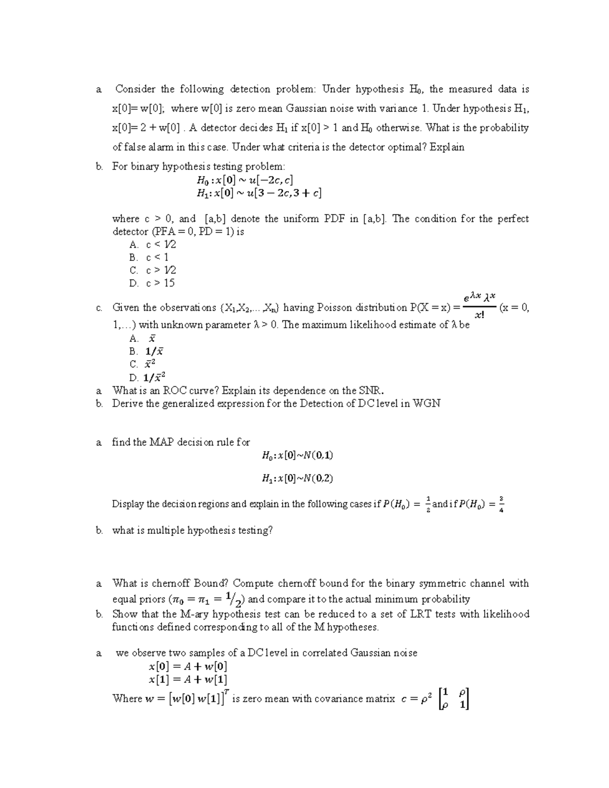 Estimation Theory question paper - a. Consider the following detection problem: Under hypothesis ...