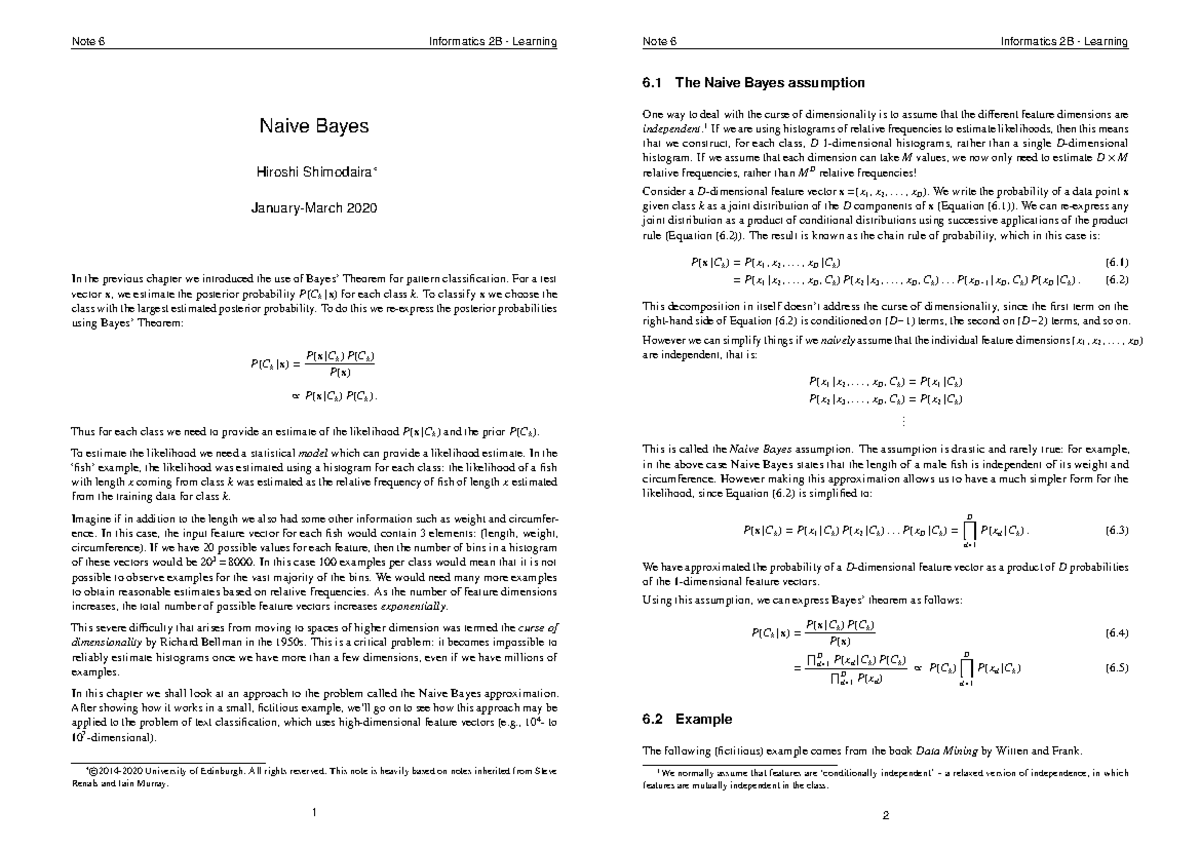 Inf2b learn 06 notes nup - Note 6 Informatics 2B - Learning Naive Bayes ...