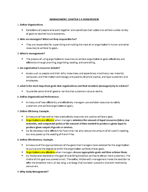 MGT exam 1 review - Lecture notes 1-4 - Chapter 1: Management is ...