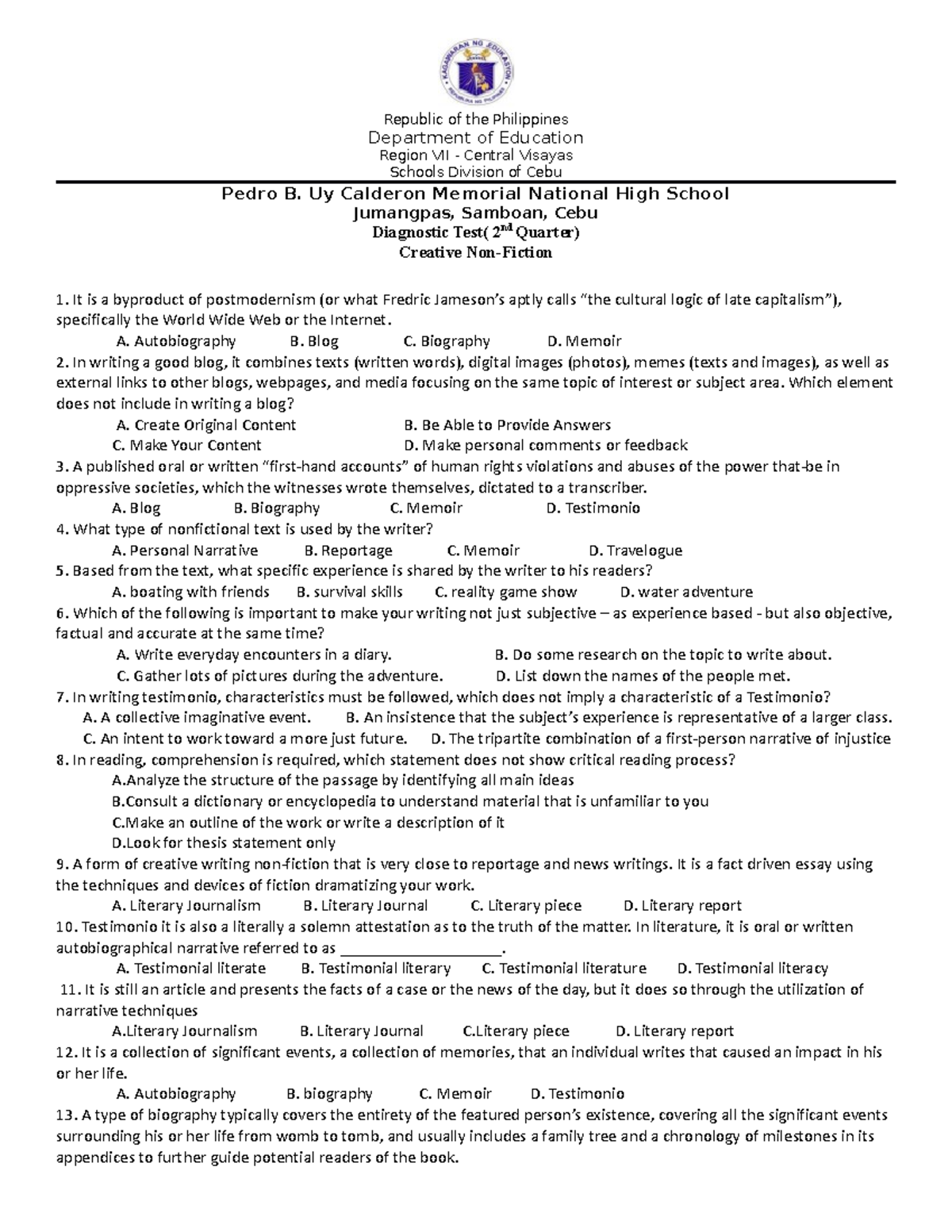 Diagnostic Test - Sample guide for Teachers - Republic of the ...