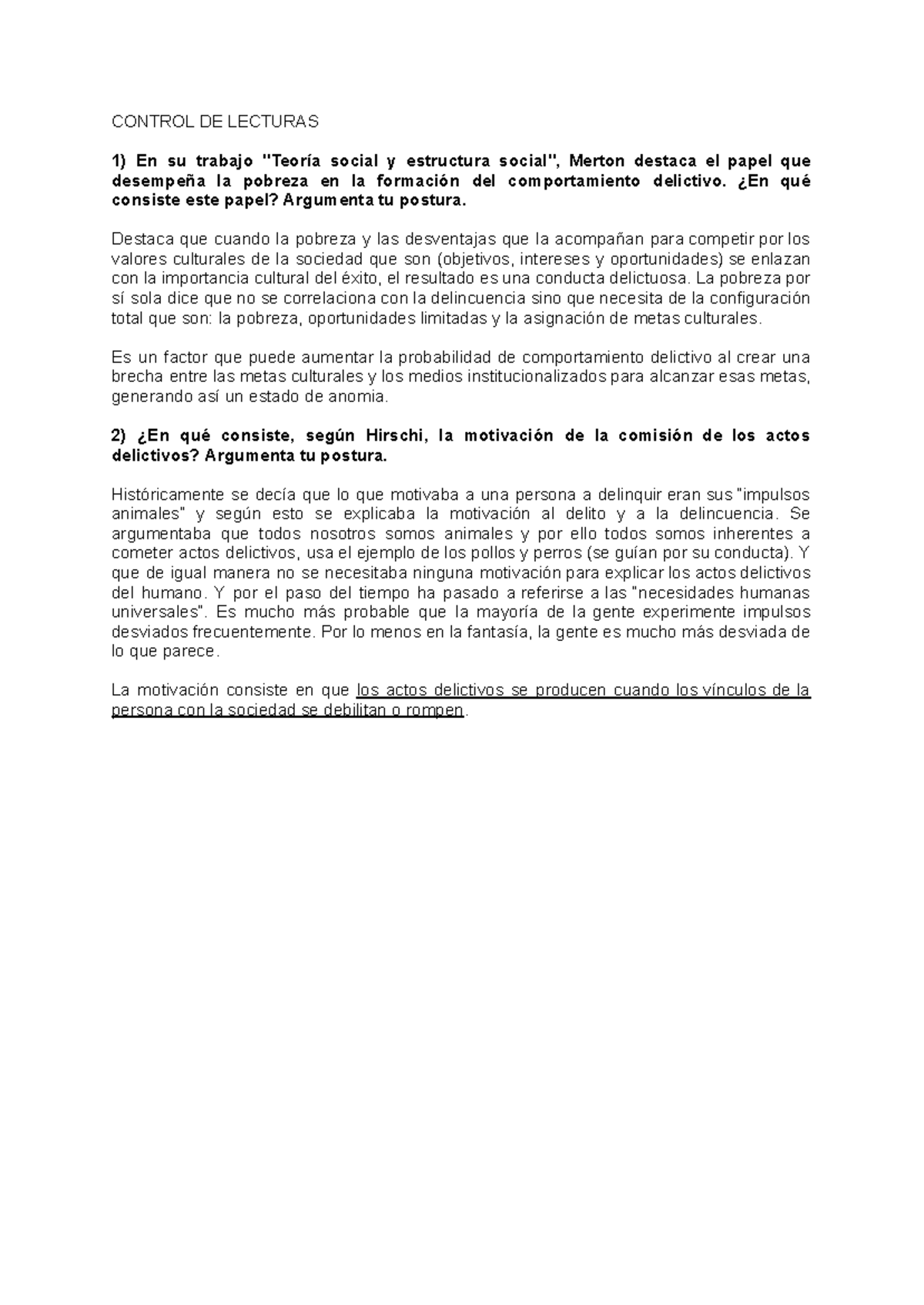 Control de Lecturas - CONTROL DE LECTURAS En su trabajo "Teoría social ...