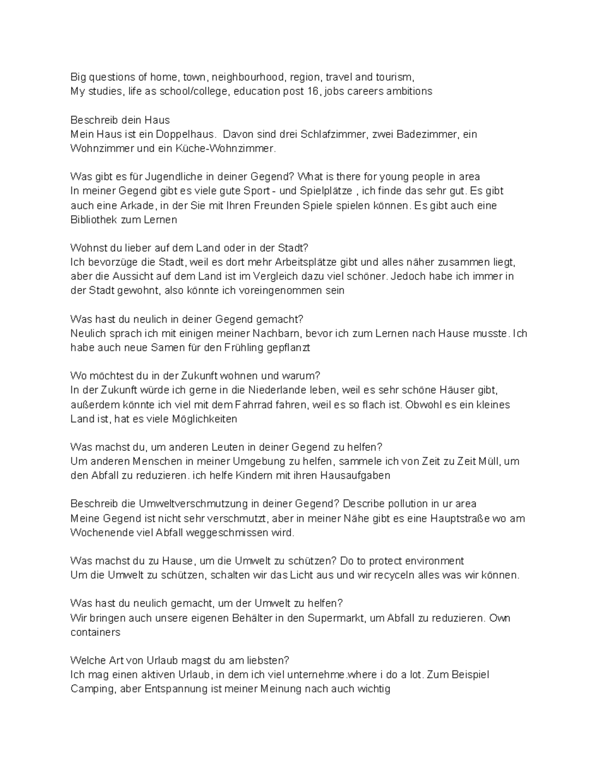 German - Questions and answers - Big questions of home, town ...