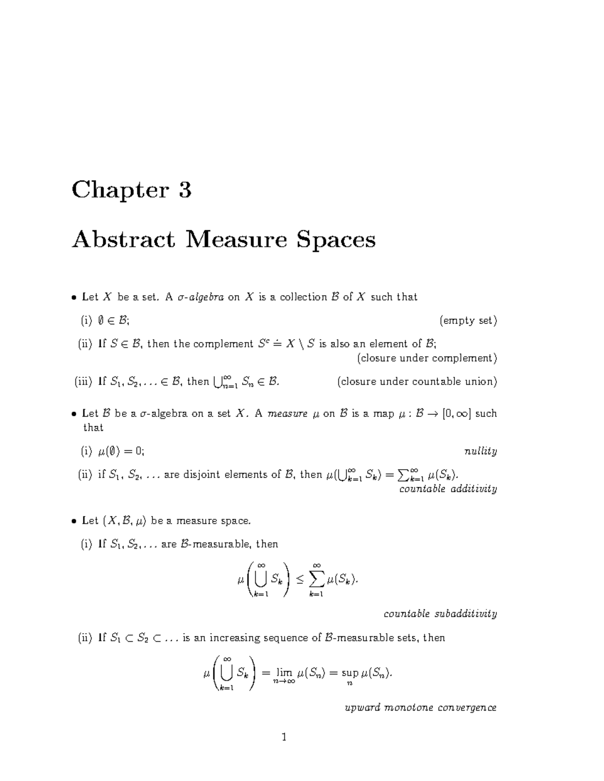 Review - Abstract Measure Spaces LetXbe a set. Aσ-algebraonXis a collectionBofXsuch that (i) ∅∈B ...