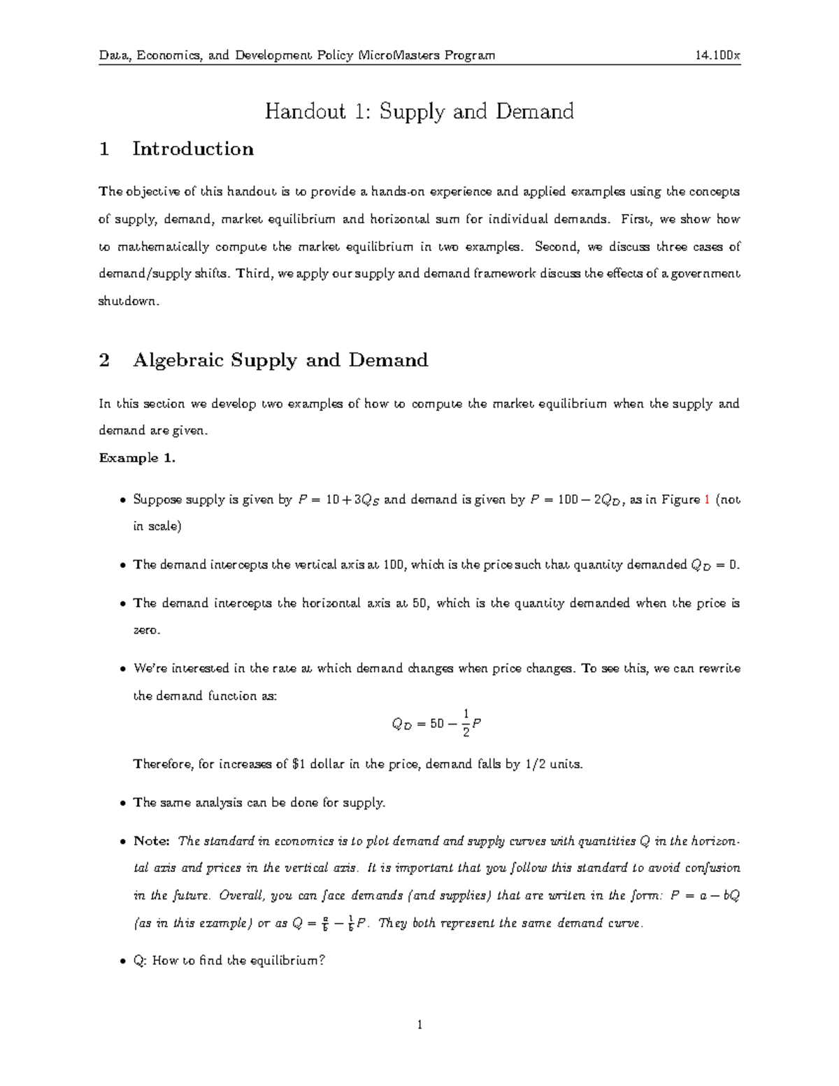14 100x H1 - Handout 1: Supply and Demand 1 Introduction The objective ...