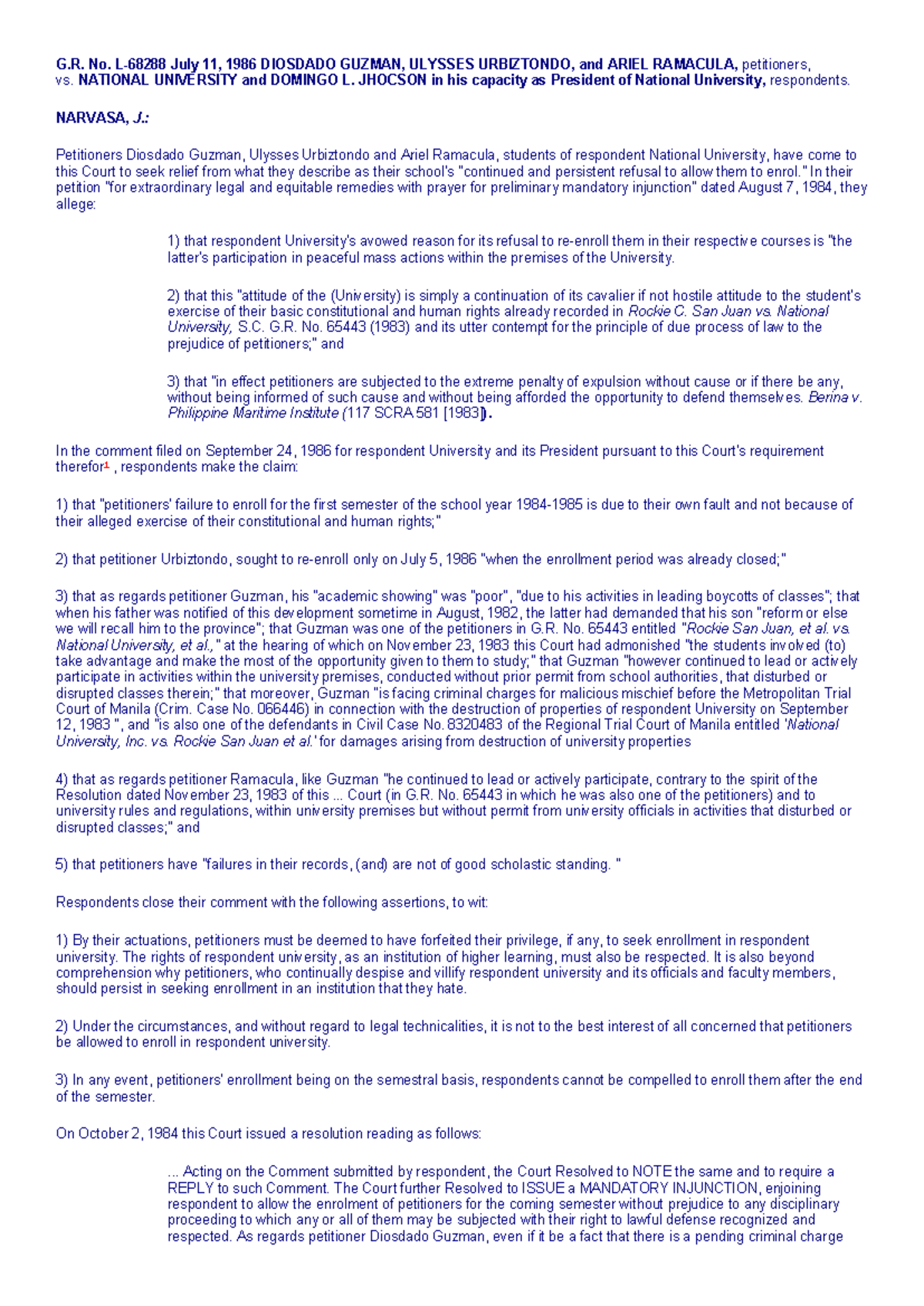 Polirev 8 CASES - G. No. L-68288 July 11, 1986 DIOSDADO GUZMAN, ULYSSES ...