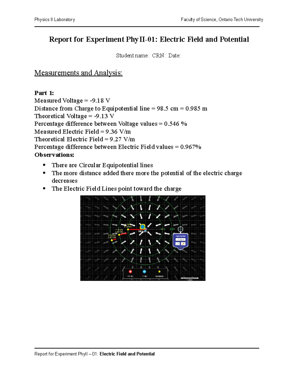 Report Electric Field Lab 1 - Report for Experiment PhyII-01: Electric ...