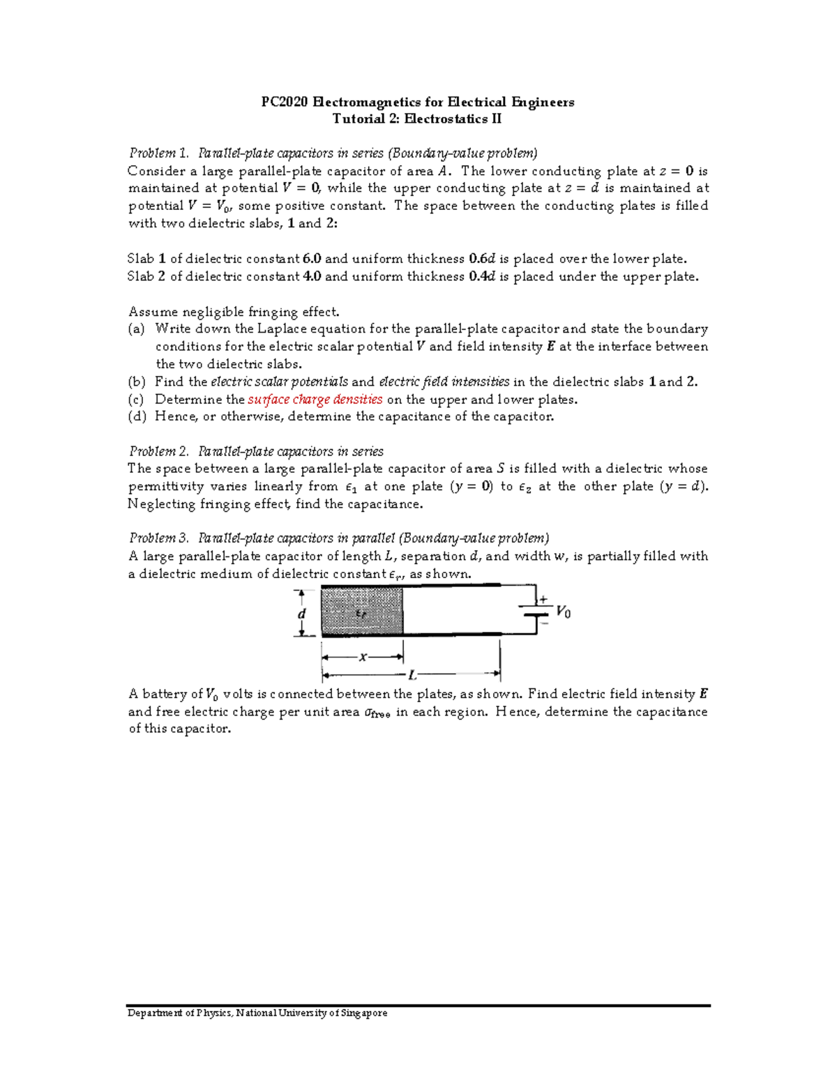 Tutorial 1 Electrostatics II - PC2020 Electromagnetics for Electrical Engineers Tutorial 2 ...