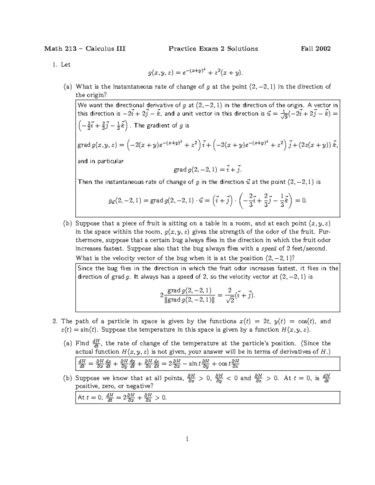 Cal 3 Exam2Practice Solutions - Math 213 – Calculus III Practice Exam 2 ...