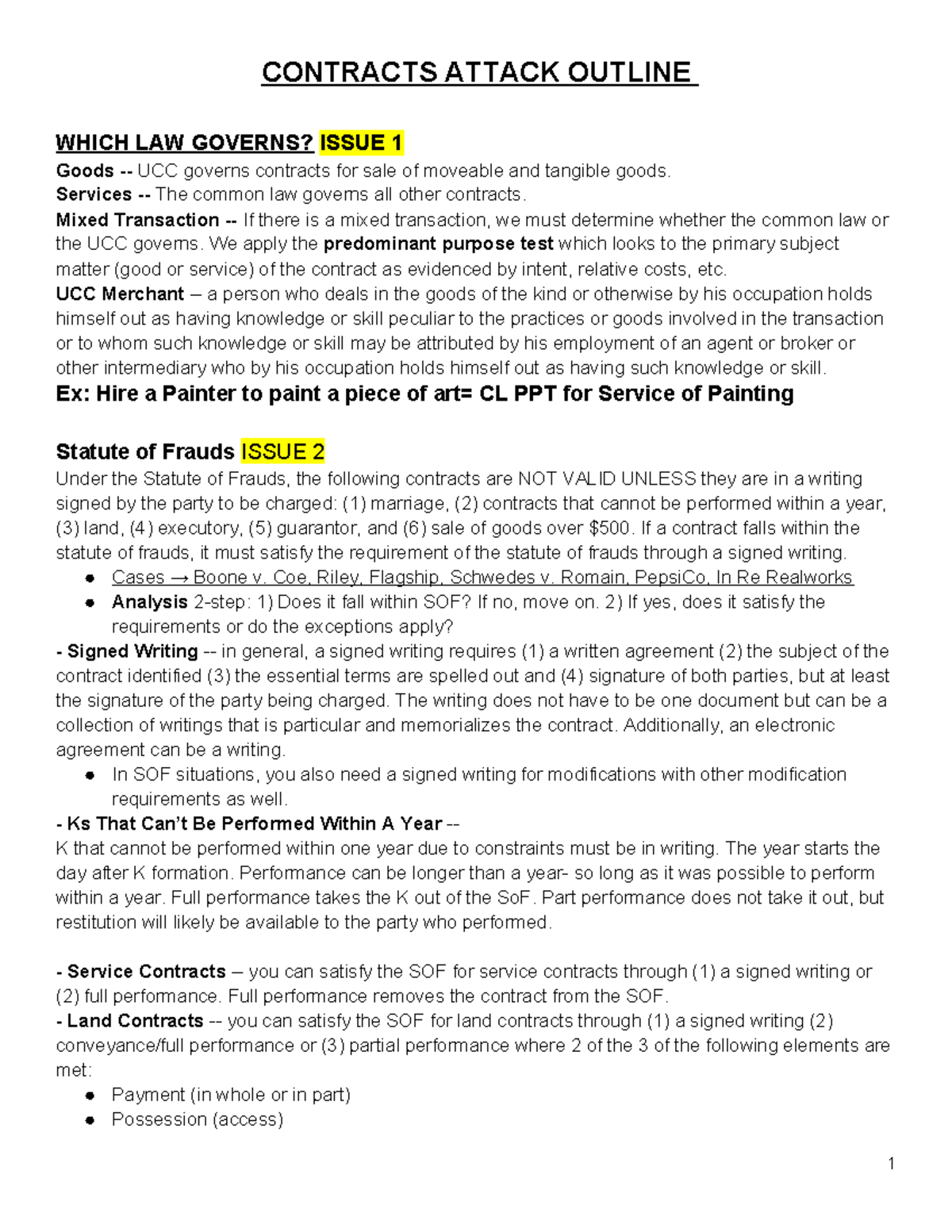 K Attack Outline - Summary Contract Law - CONTRACTS ATTACK OUTLINE WHICH LAW GOVERNS? ISSUE 1 ...