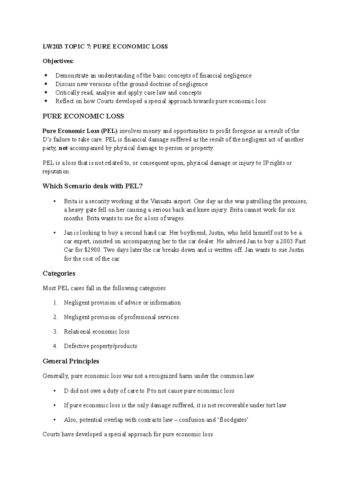 LW203 Topic 7 - sum - LW203 TOPIC 7: PURE ECONOMIC LOSS Objectives ...