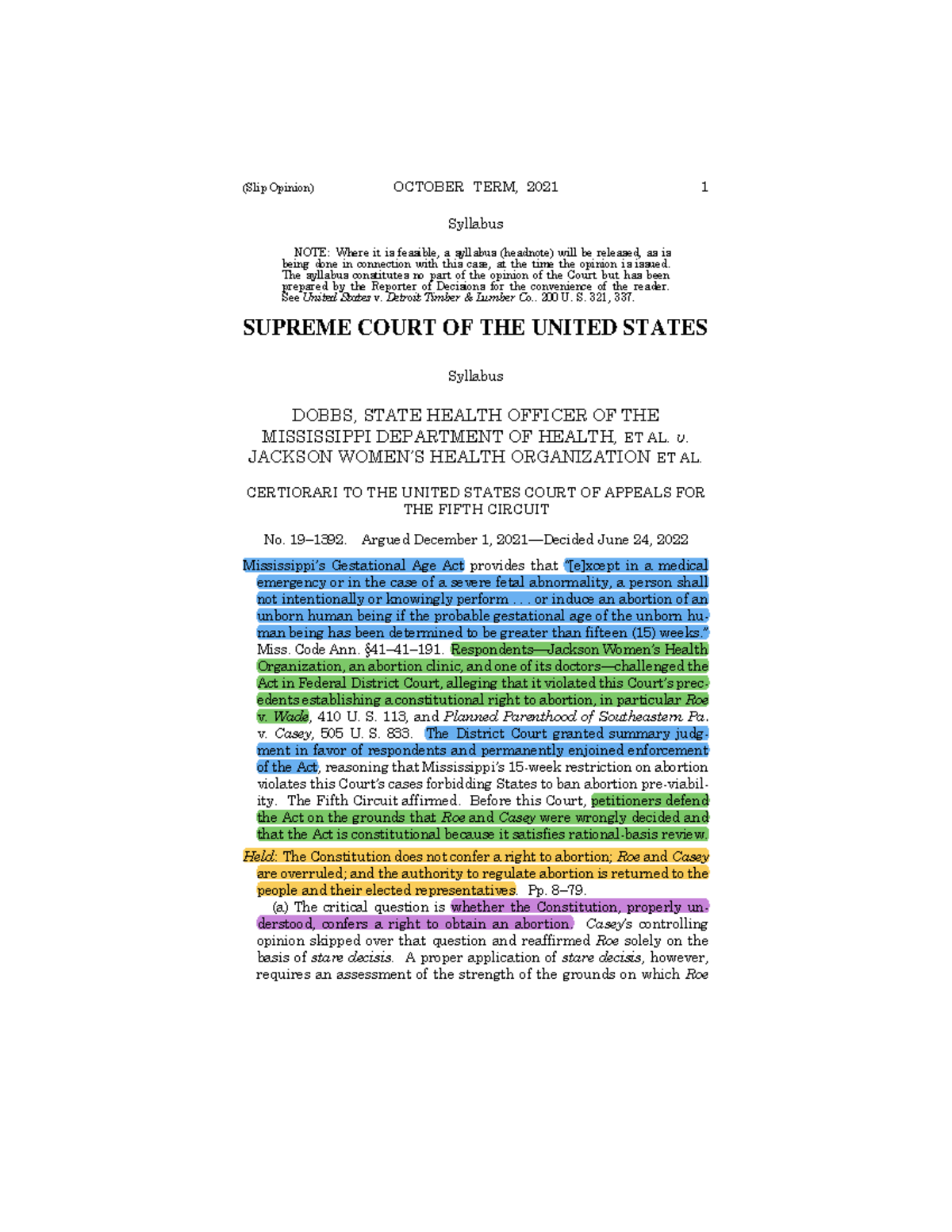 Dobbs v. Jackson - roe v wade - (Slip Opinion) OCTOBER TERM, 2021 1 ...