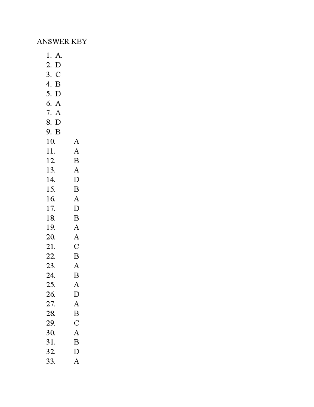 Answer-KEY - Qsd - ANSWER KEY 1. A. 2. D 3. C 4. B 5. D 6. A 7. A 8. D ...