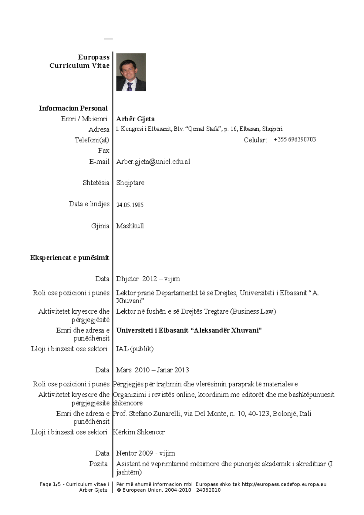 A Gjeta CV Formati Europian Shqip - Europass Curriculum Vitae ...