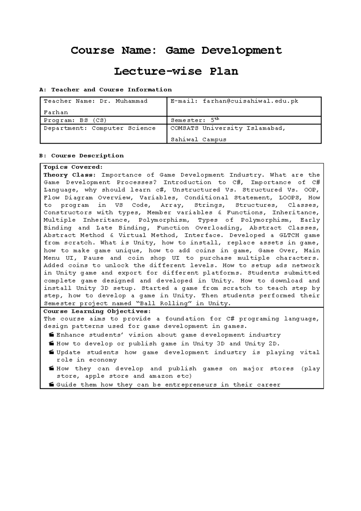 Game Development Course-lecture-wise-plan in fall 21 and assignment and ...