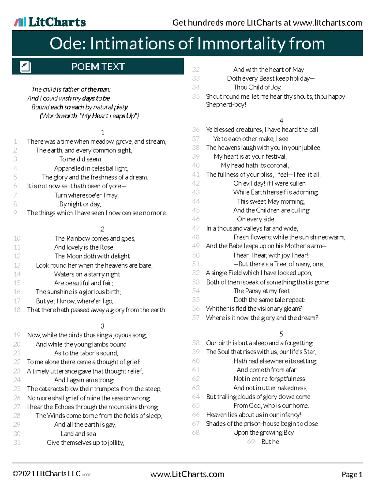 Lit Charts ode intimations of immortality from recollections of early ...