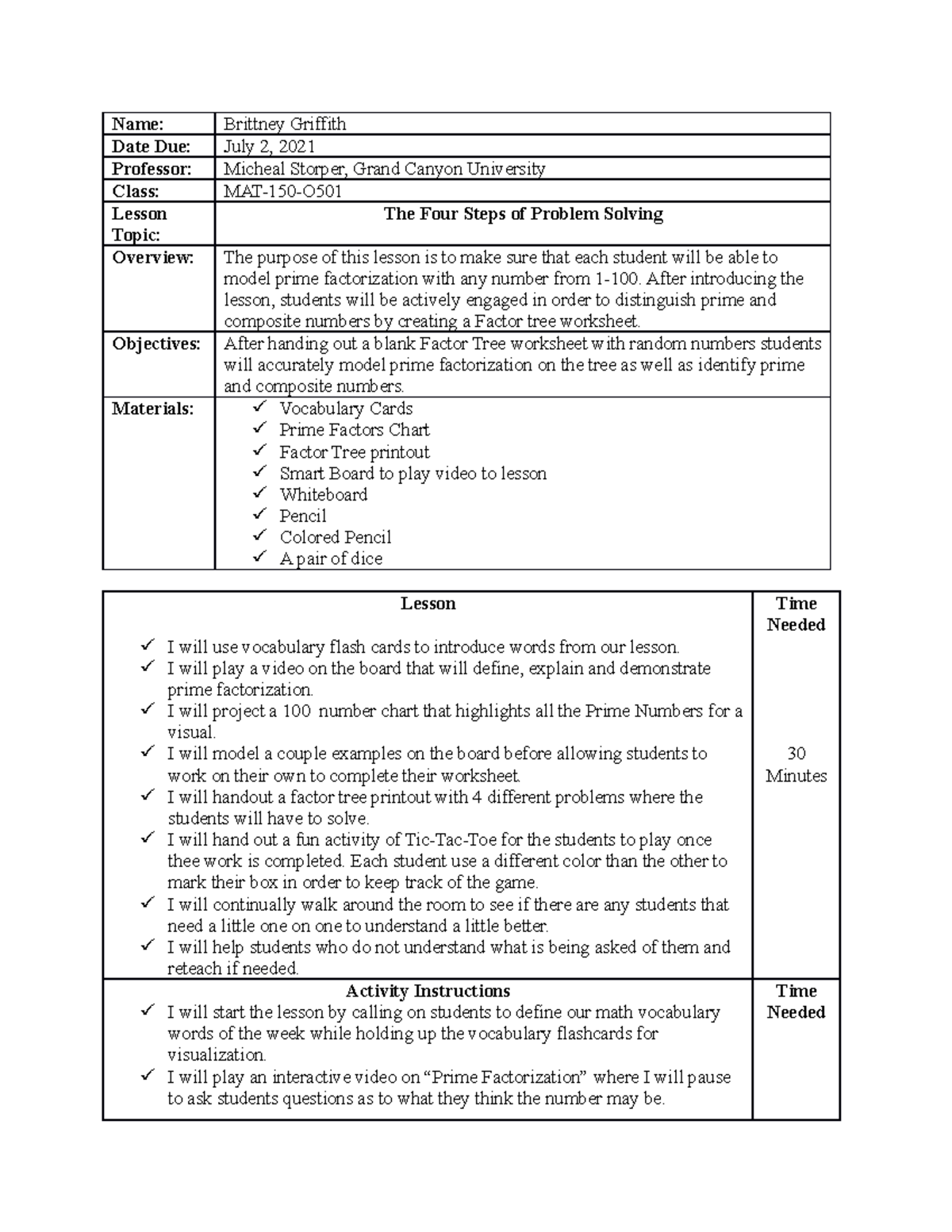 MATH FOR TEACHER_ Lesson Plan 2-GCU-MAT-150 - Name: Brittney Griffith ...