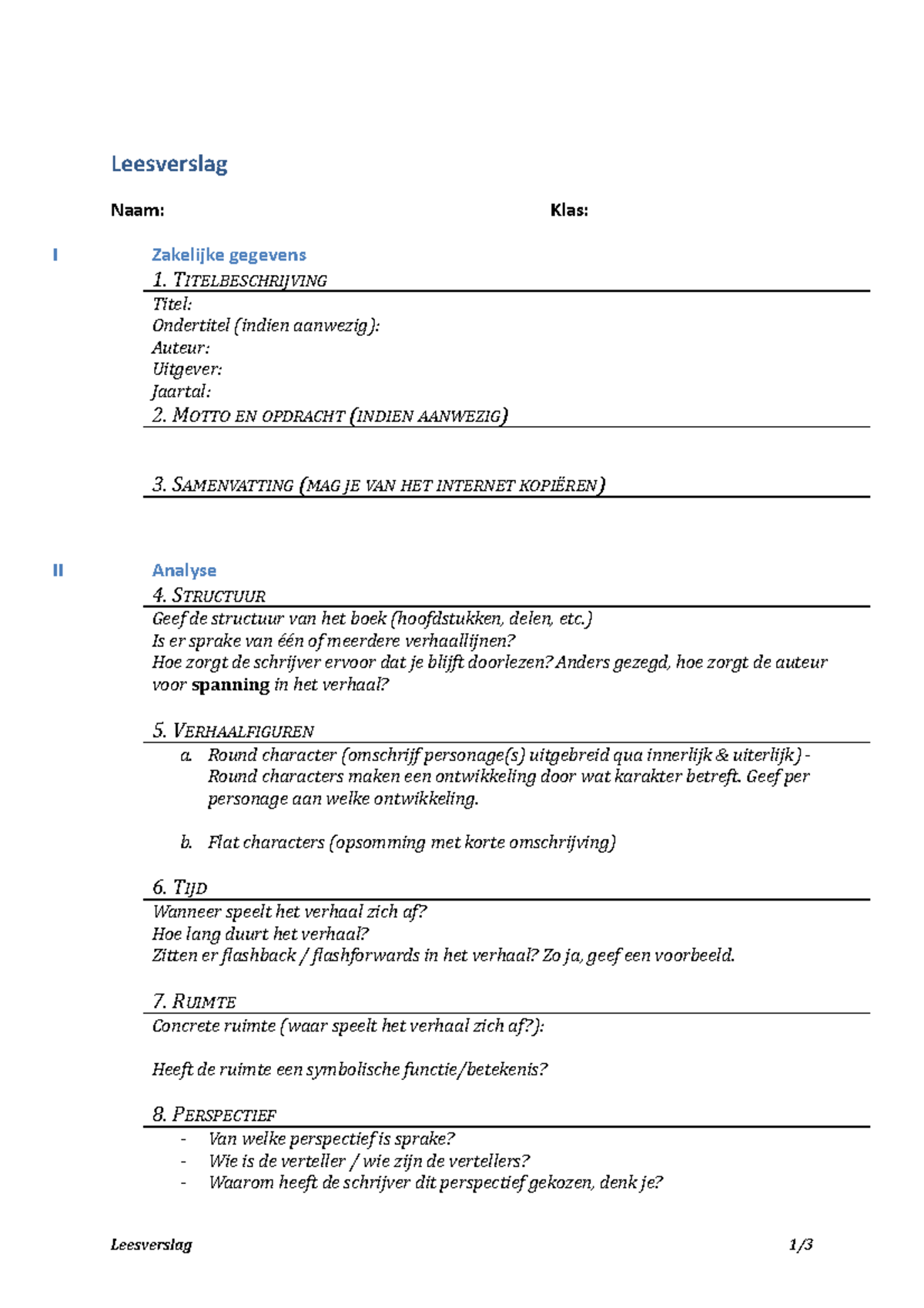 Format leesverslag - Leesverslag Naam: Klas: I Zakelijke gegevens 1 ...