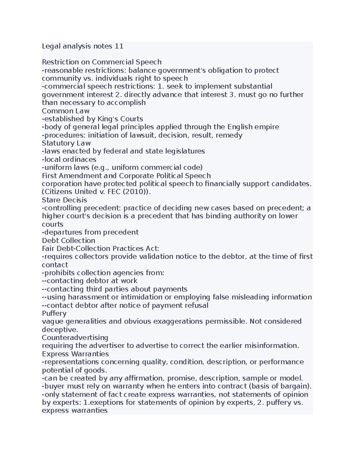 Legal analysis notes 11 - individuals right to speech -commercial ...