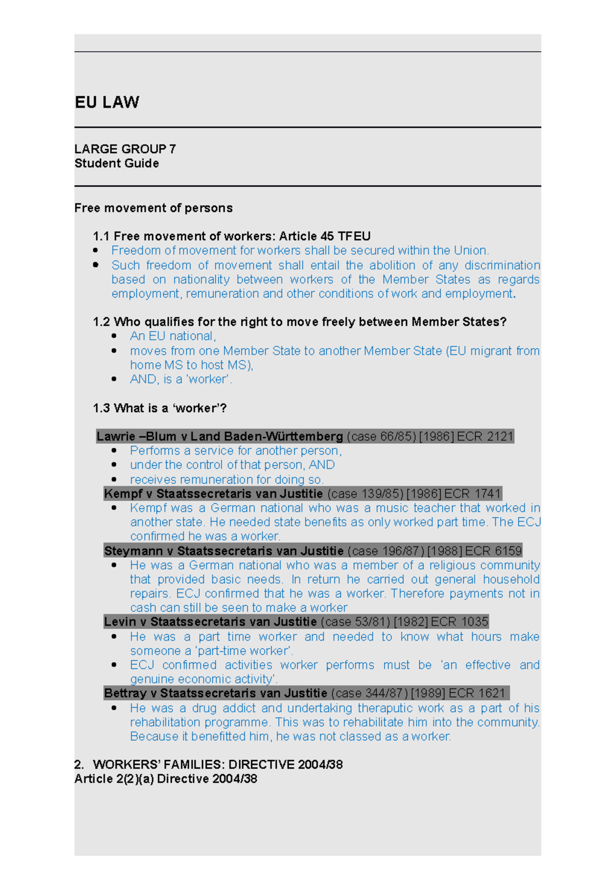 Free movement of persons - EU LAW LARGE GROUP 7 Student Guide Free ...