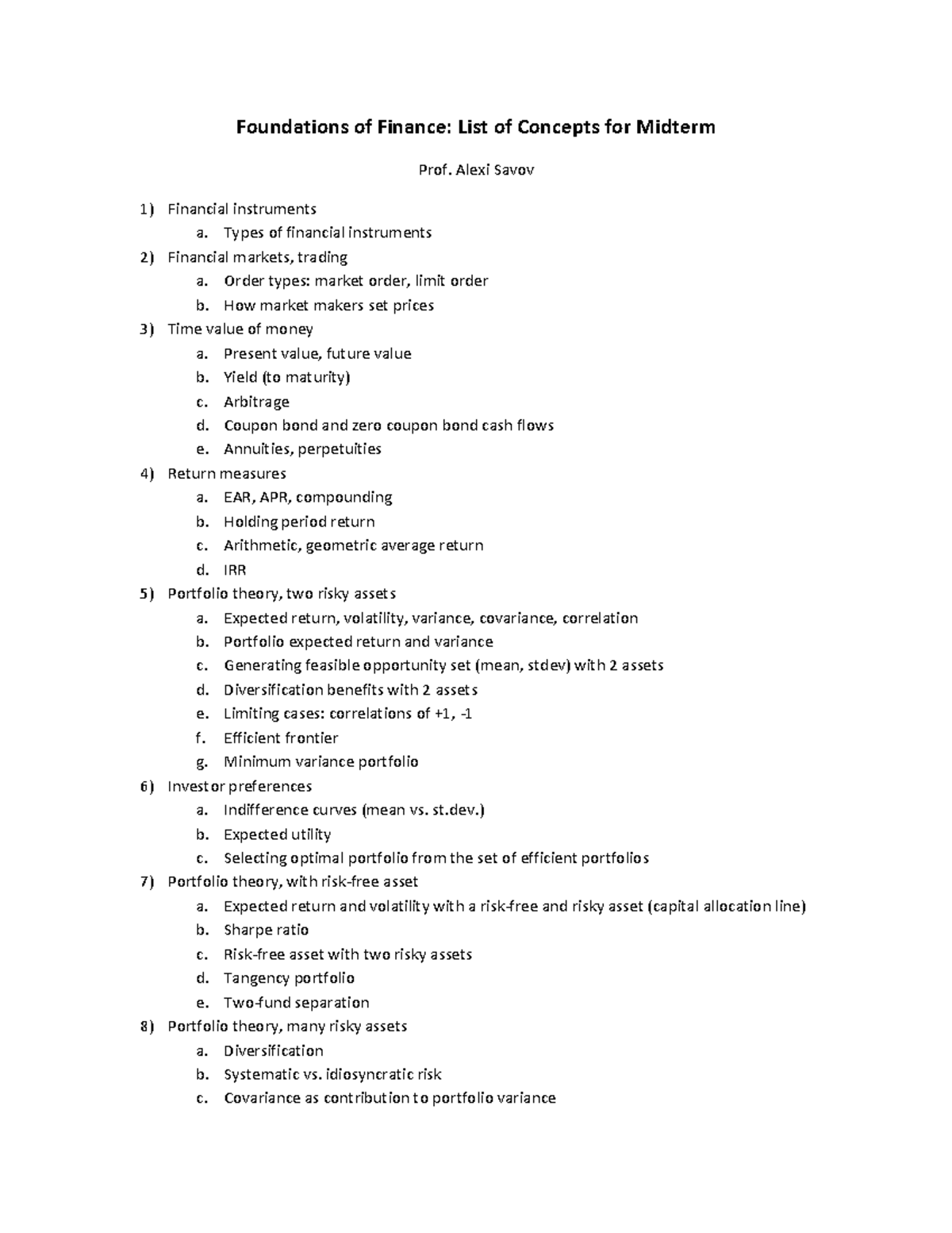List Of Concepts Midterm Foundations Of Finance List Of Concepts For Midterm Prof Alexi