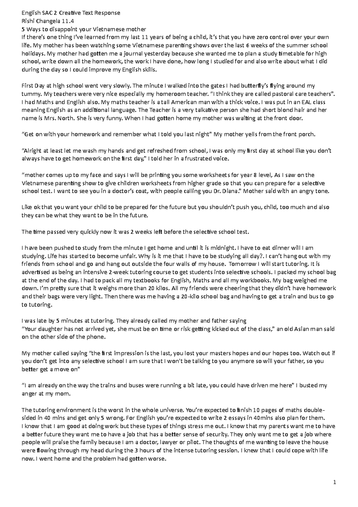 Creative English sac - English SAC 2 Creative Text Response Rishi ...
