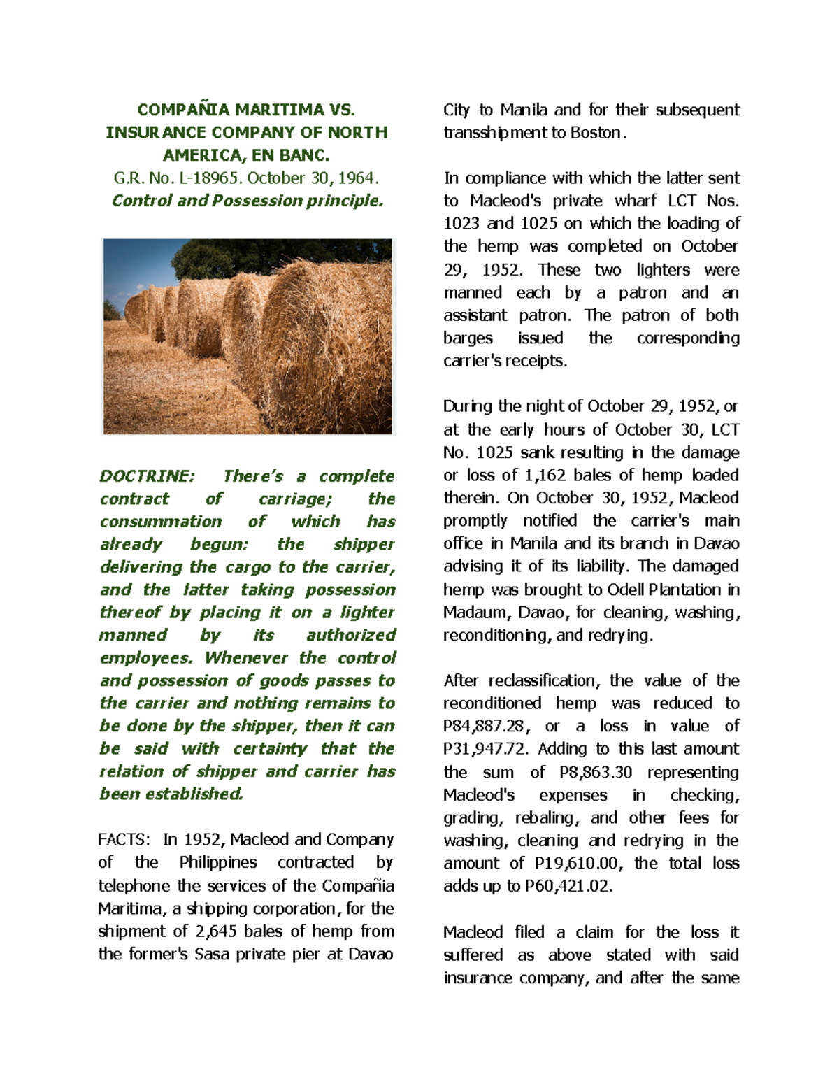 Compañia Maritima VS. Insurance Company OF North America, EN BANC, 1964 ...