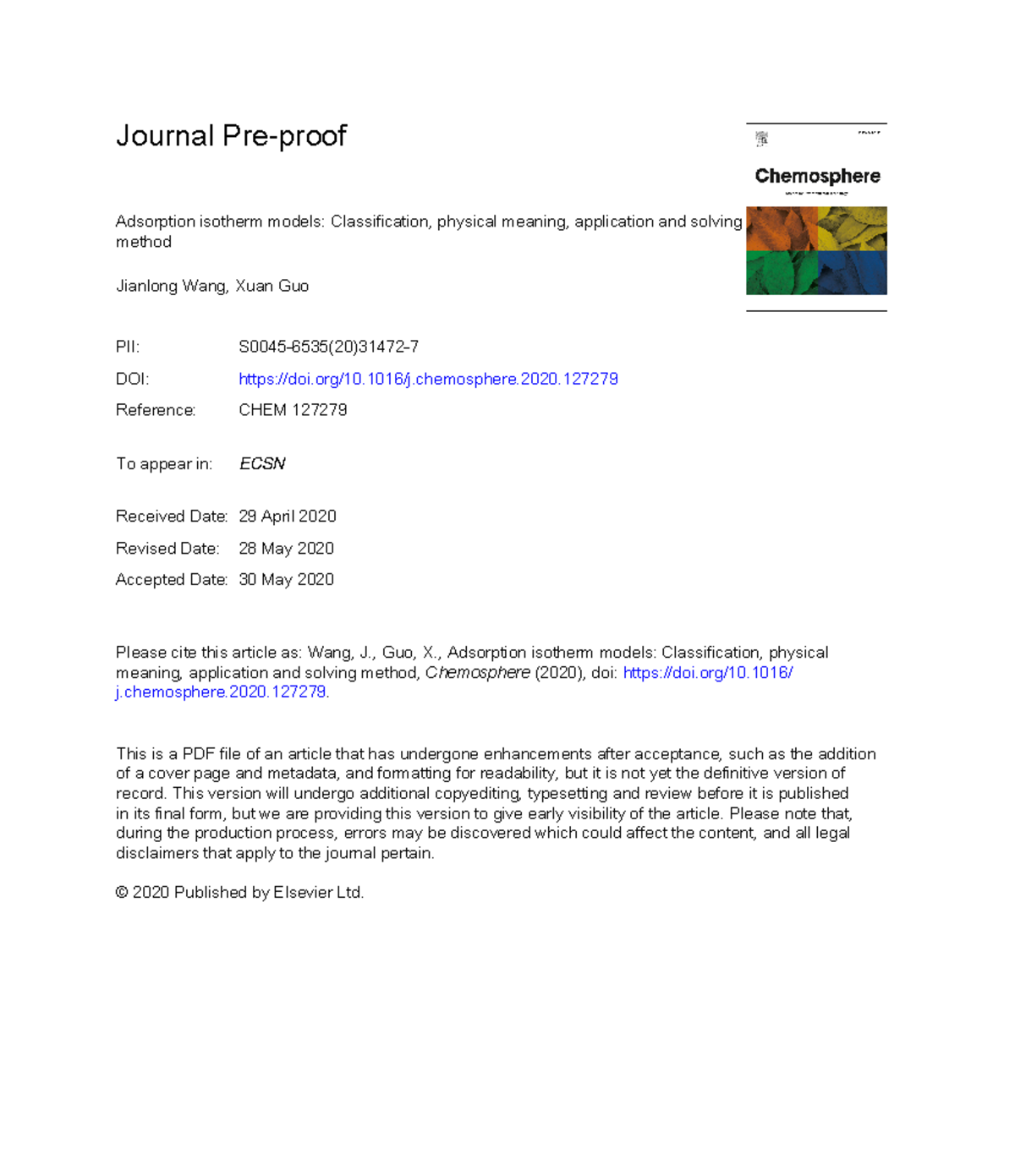 J.chemosphere - scientific paper - Journal Pre-proof Adsorption ...