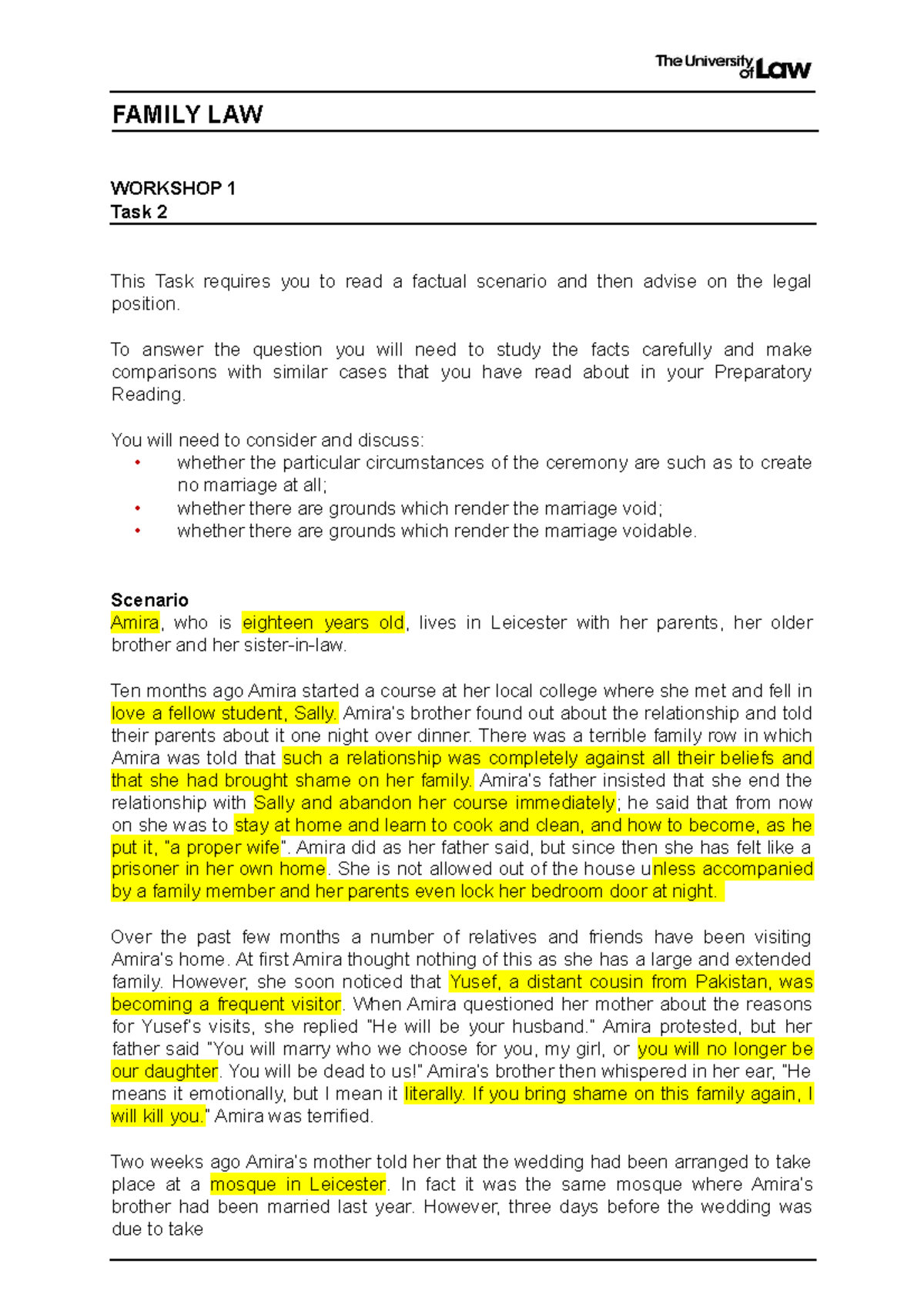 FAM WS1 Task 2 - Family law In-class unseen workshop task 2 -marriage and civil partnership By ...