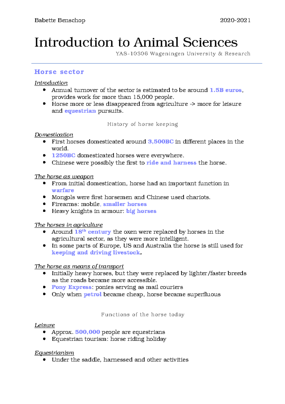 Summary lecture Horse Sector - Babette Benschop 2020- Introduction to ...