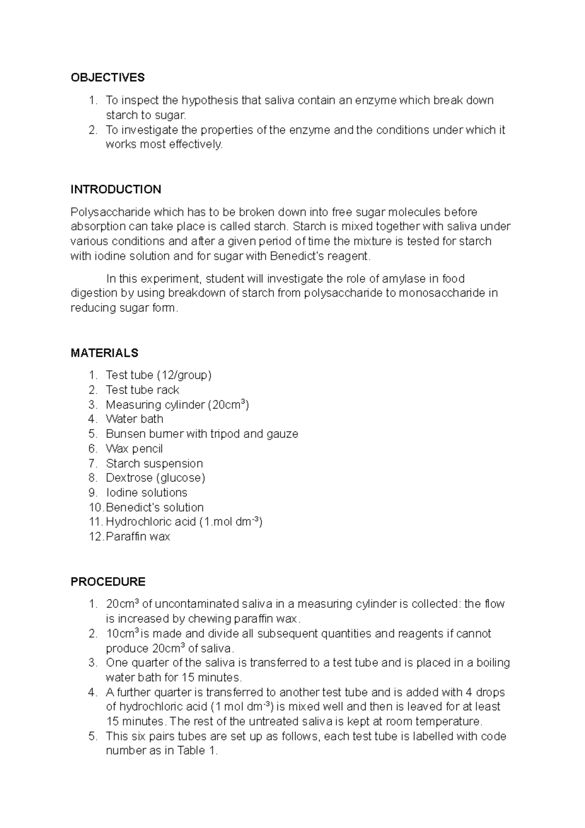 Experiment bio270 - OBJECTIVES To inspect the hypothesis that saliva ...