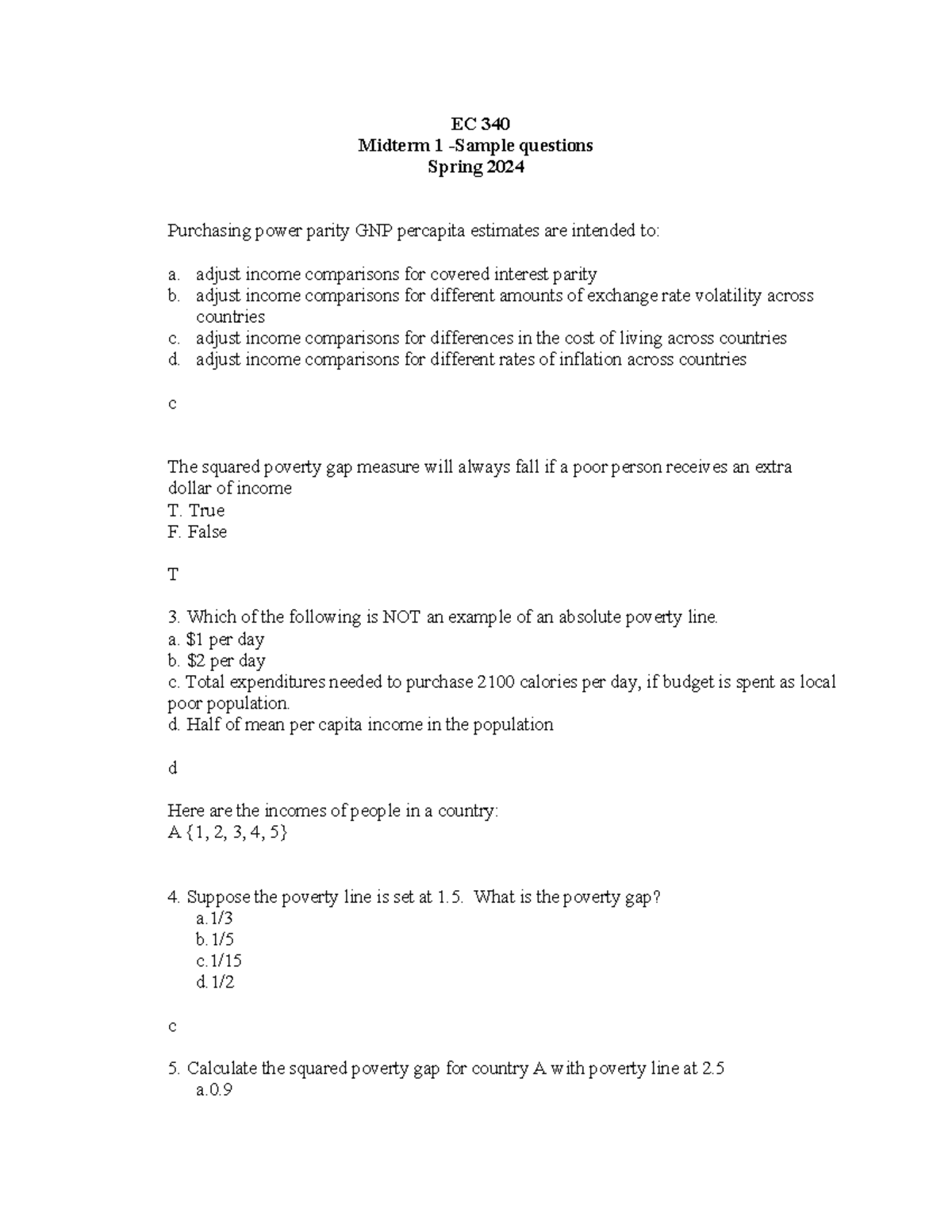 340 sample questions midterm 1 with answers s24 - EC 340 Midterm 1 -Sample questions Spring 2024 ...