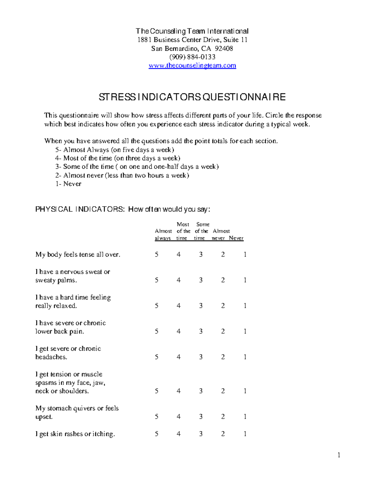 Stress Indicators Questionnaire - The Counseling Team International ...