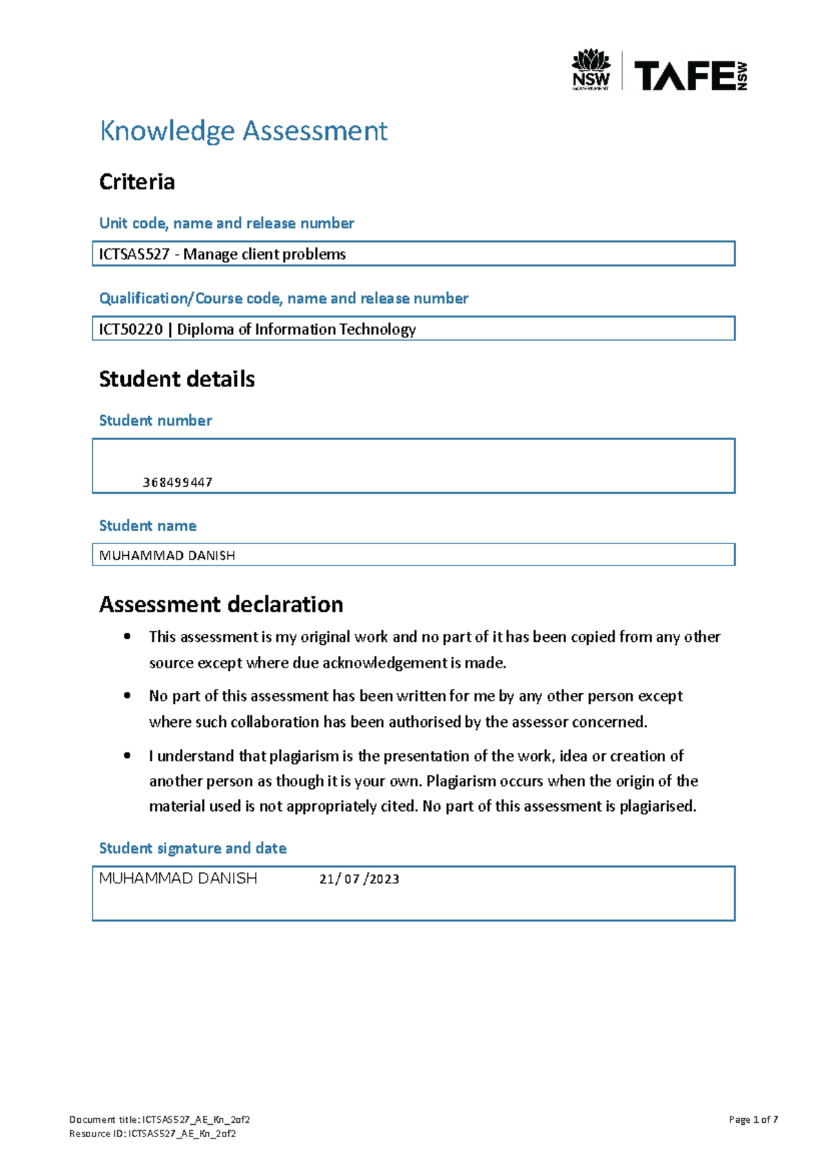 Ictsas 527 AE Kn2of2 Muhammad Danish 368499447 - Knowledge Assessment Criteria Unit code, name ...