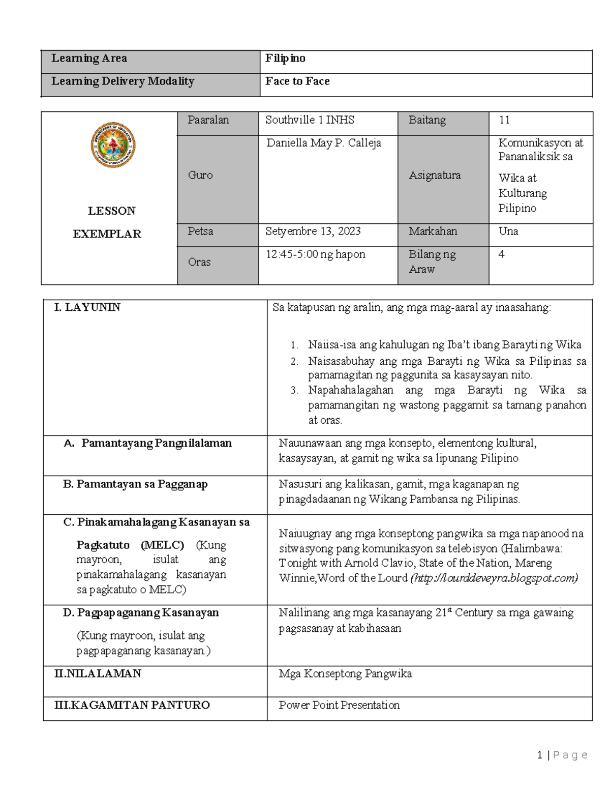 LE-WEEK 3 DAY 3- Komunikasyon- Basierto - Learning Area Filipino ...