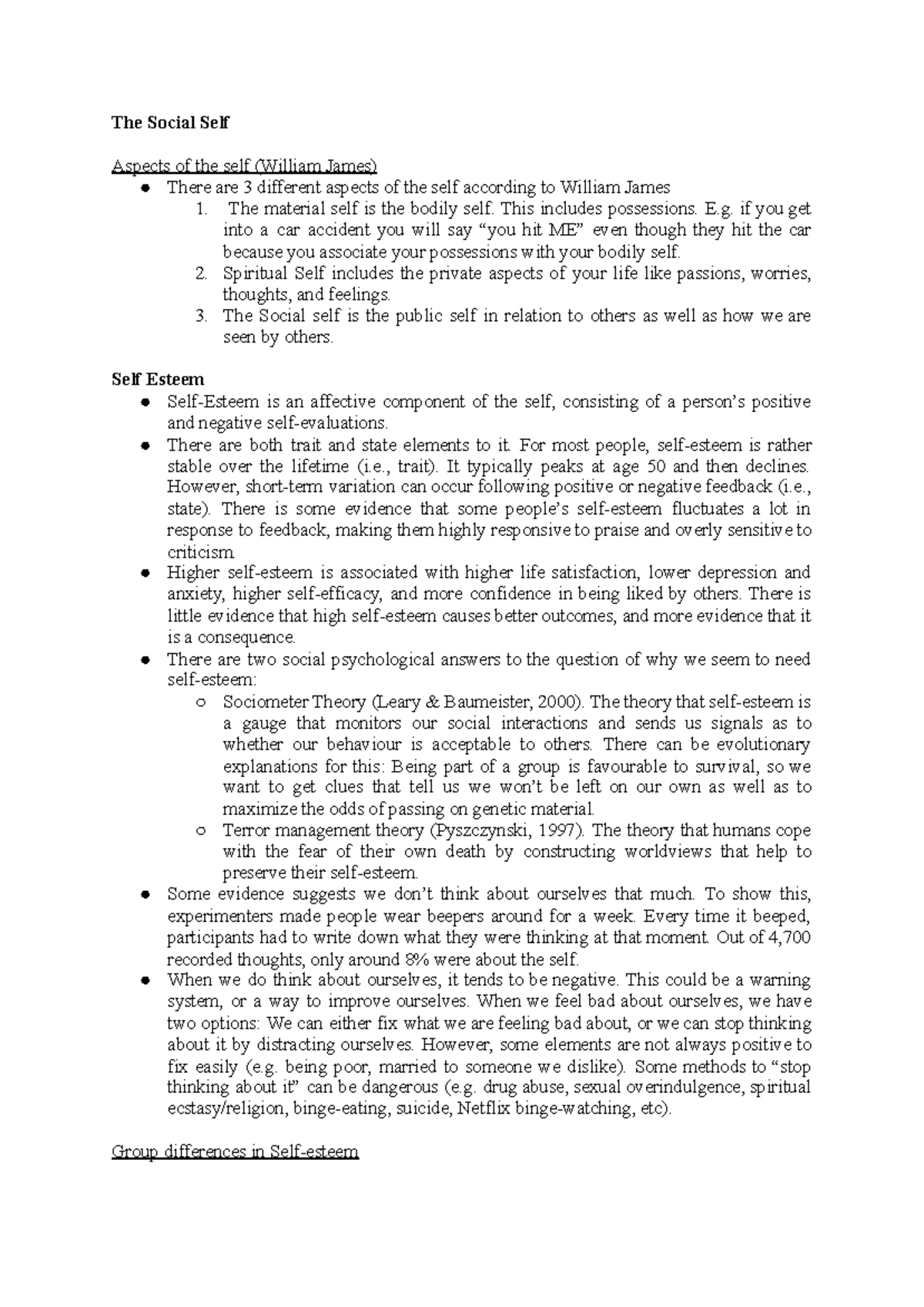 PSYC215 (social self) class notes - The Social Self Aspects of the self ...