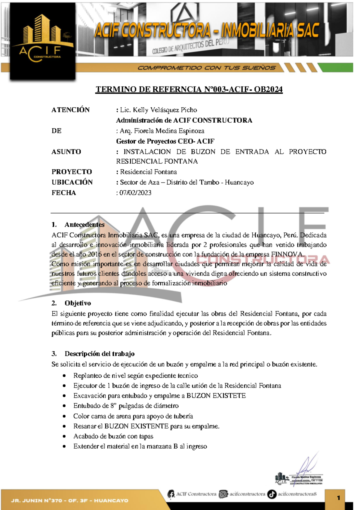 TDR Nº 004- ACIF - Buzon DE Emplame - Fontana - 1 TERMINO DE REFERNCIA Nº00 3 - ACIF- OB202 4 ...