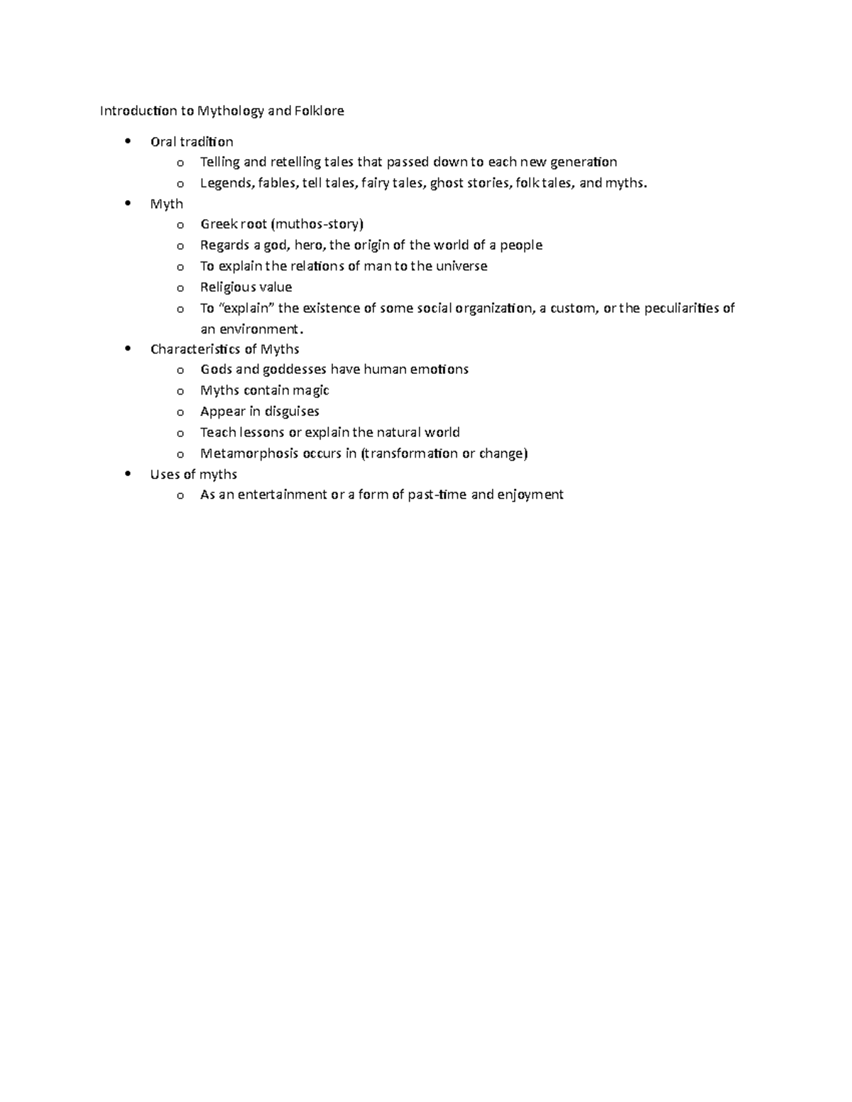 Introduction to Mythology and Folklore - Myth o Greek root (muthos ...