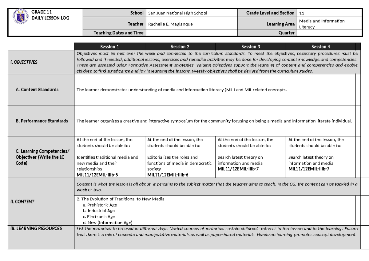 628578355 2 MIL 11 12EMIL IIIb 5 7 Group 1 - GRADE 11 DAILY LESSON LOG ...