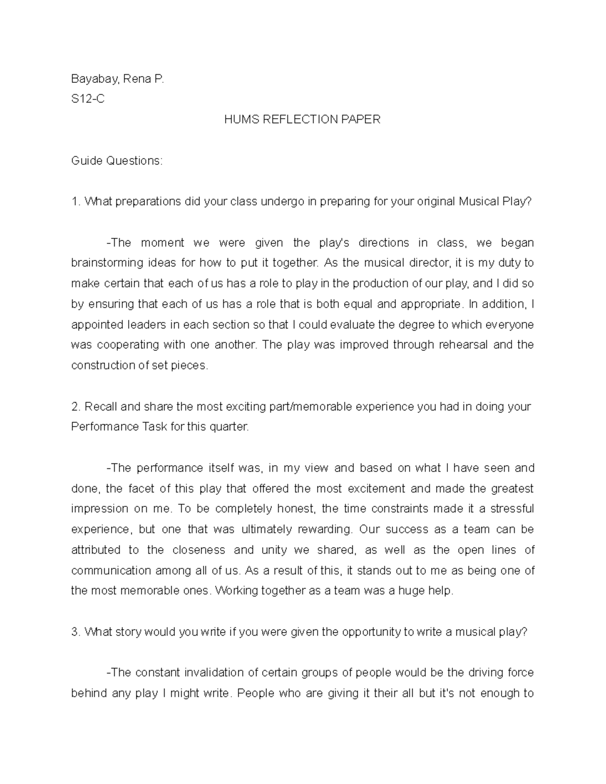 Bayabay PT- Reflection - Bayabay, Rena P. S12-C HUMS REFLECTION PAPER ...