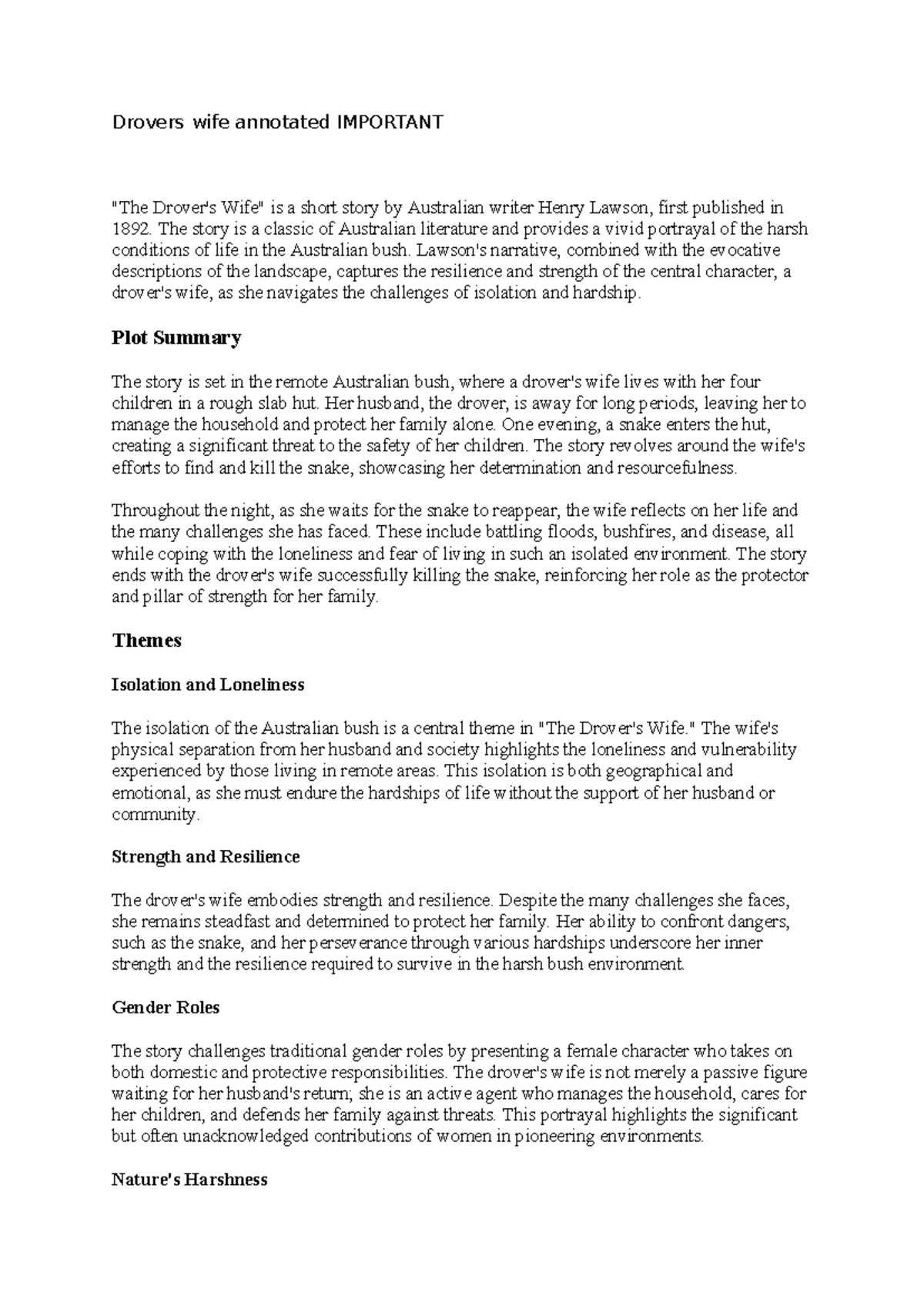 Drovers wife annotated Important - Drovers wife annotated IMPORTANT ...