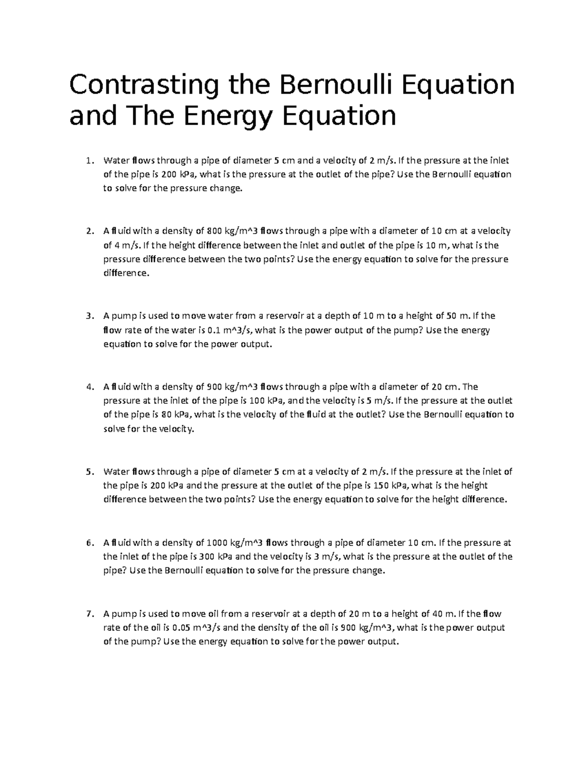 Contrasting the Bernoulli Equation and The Energy Equation ...